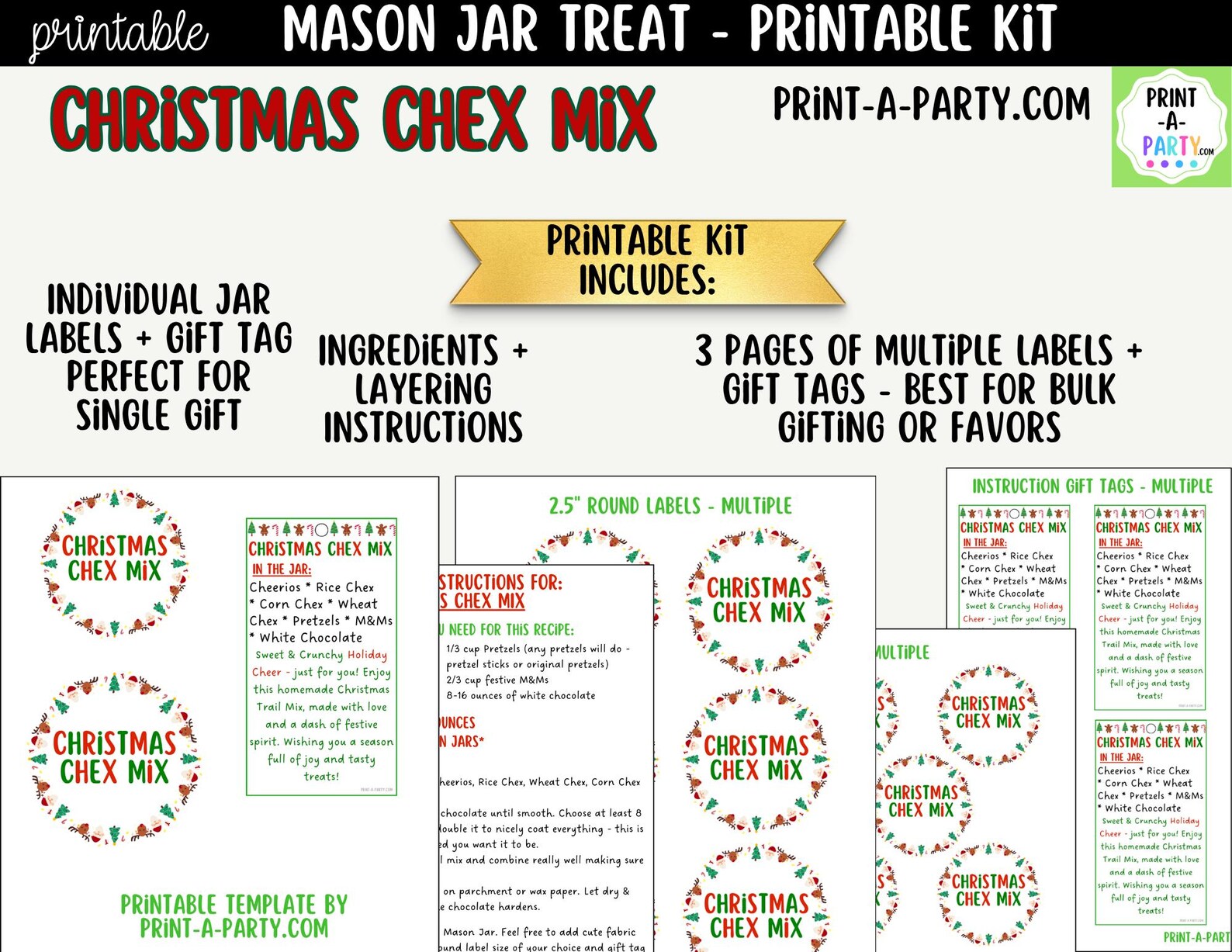Christmas Chex Mix in a Mason Jar Gift Printable Kit - Labels, Tag ...