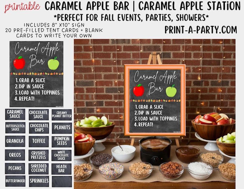 Caramel Apple Bar Sign (8x10) & Topping Tent Cards – Fall Party Buffet ...