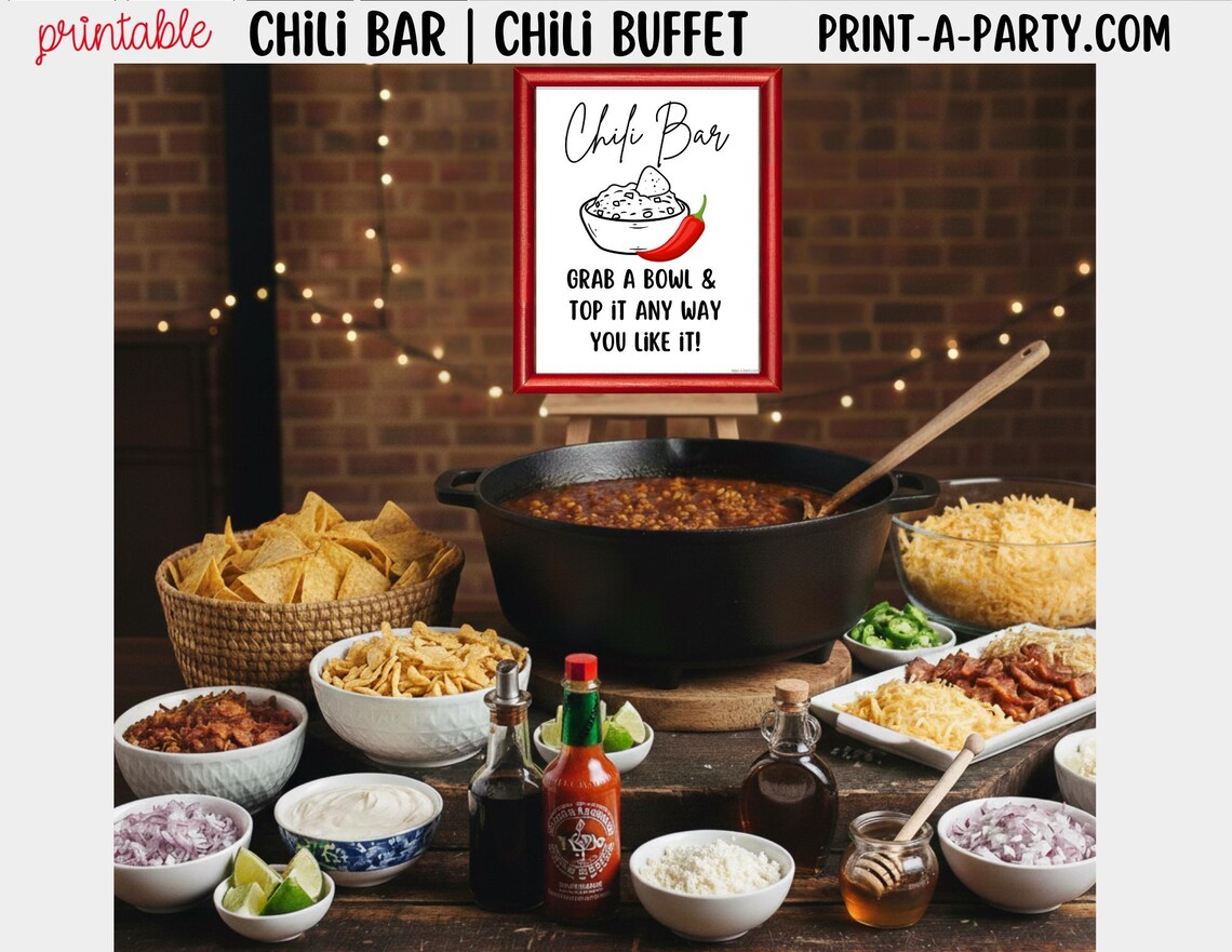Chili Bar Sign (8x10) & Tent Card Toppings - Food Station, Party Decor ...