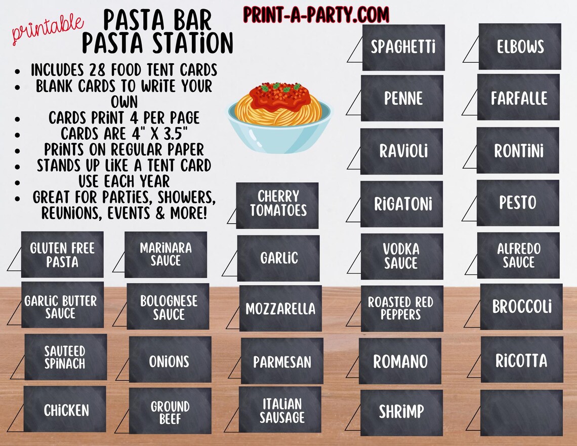 PASTA BAR Sign and Food Tent Cards - Chalkboard - Perfect for Parties ...