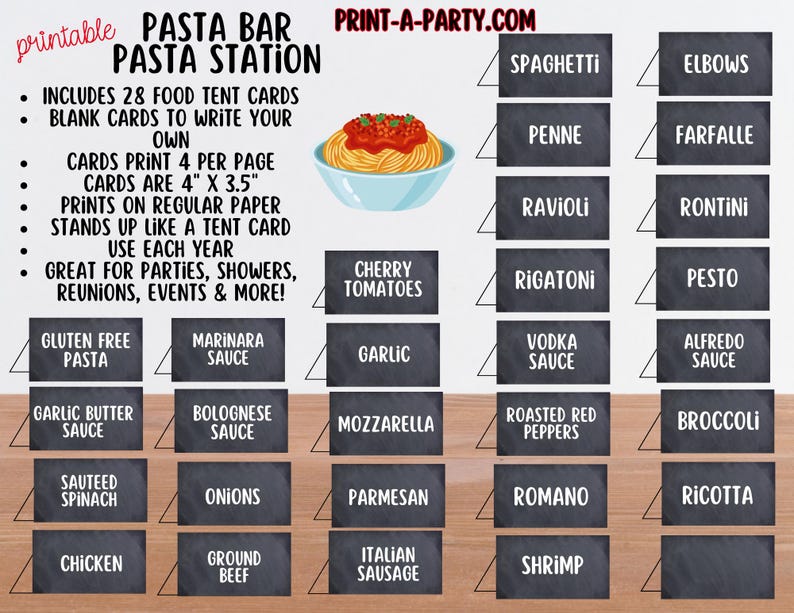 PASTA BAR Sign and Food Tent Cards - Chalkboard - Perfect for Parties ...