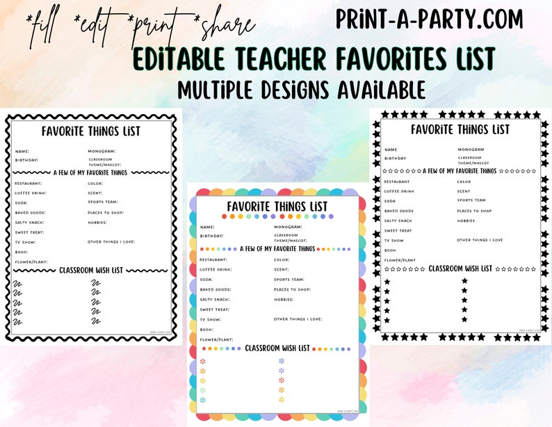 BACK to SCHOOL: Editable Teacher Favorites List Fillable PDF All About ...