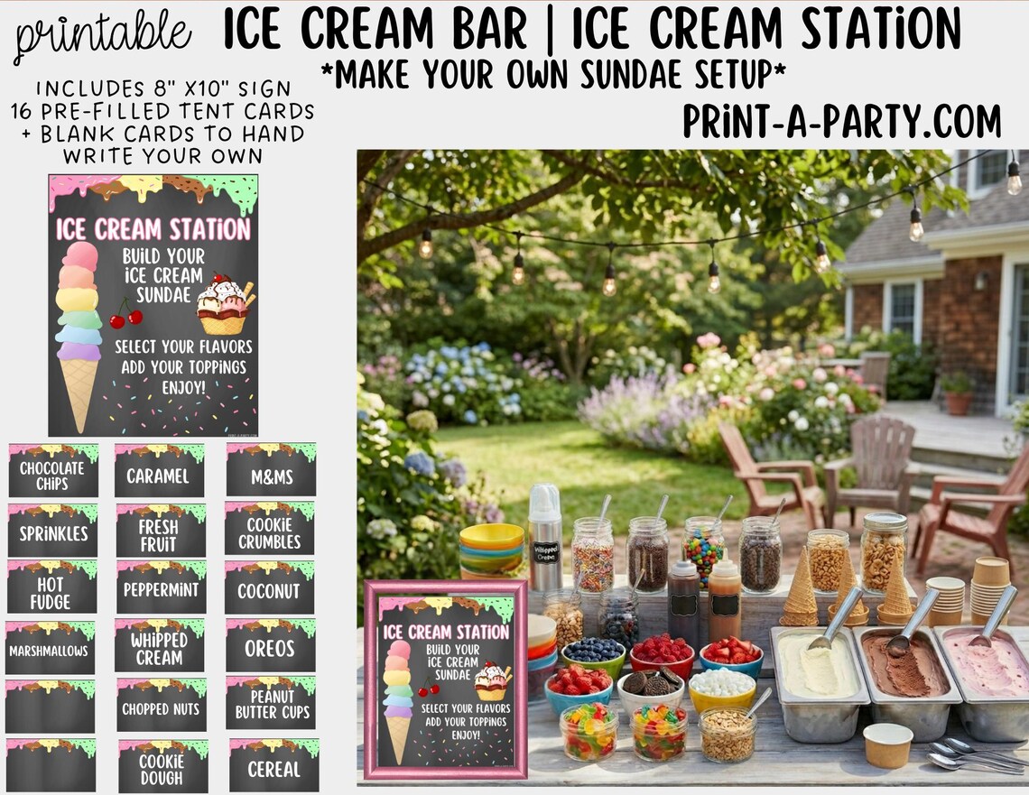 Ice Cream Sundae Bar Sign (8x10) + Toppings Tent Cards Printable Party ...