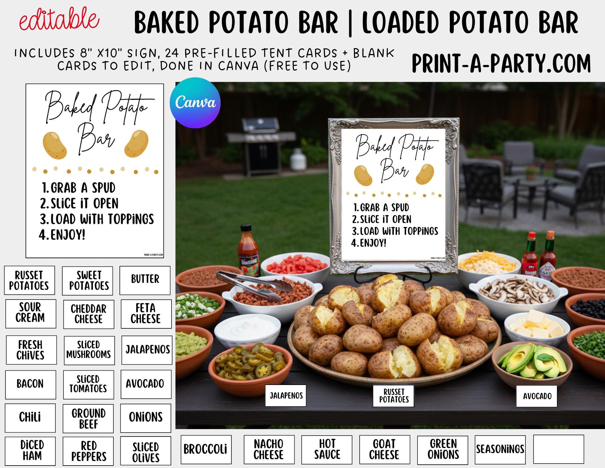 Editable BAKED POTATO BAR - Sign & Topping Tent Cards - Printable Food ...