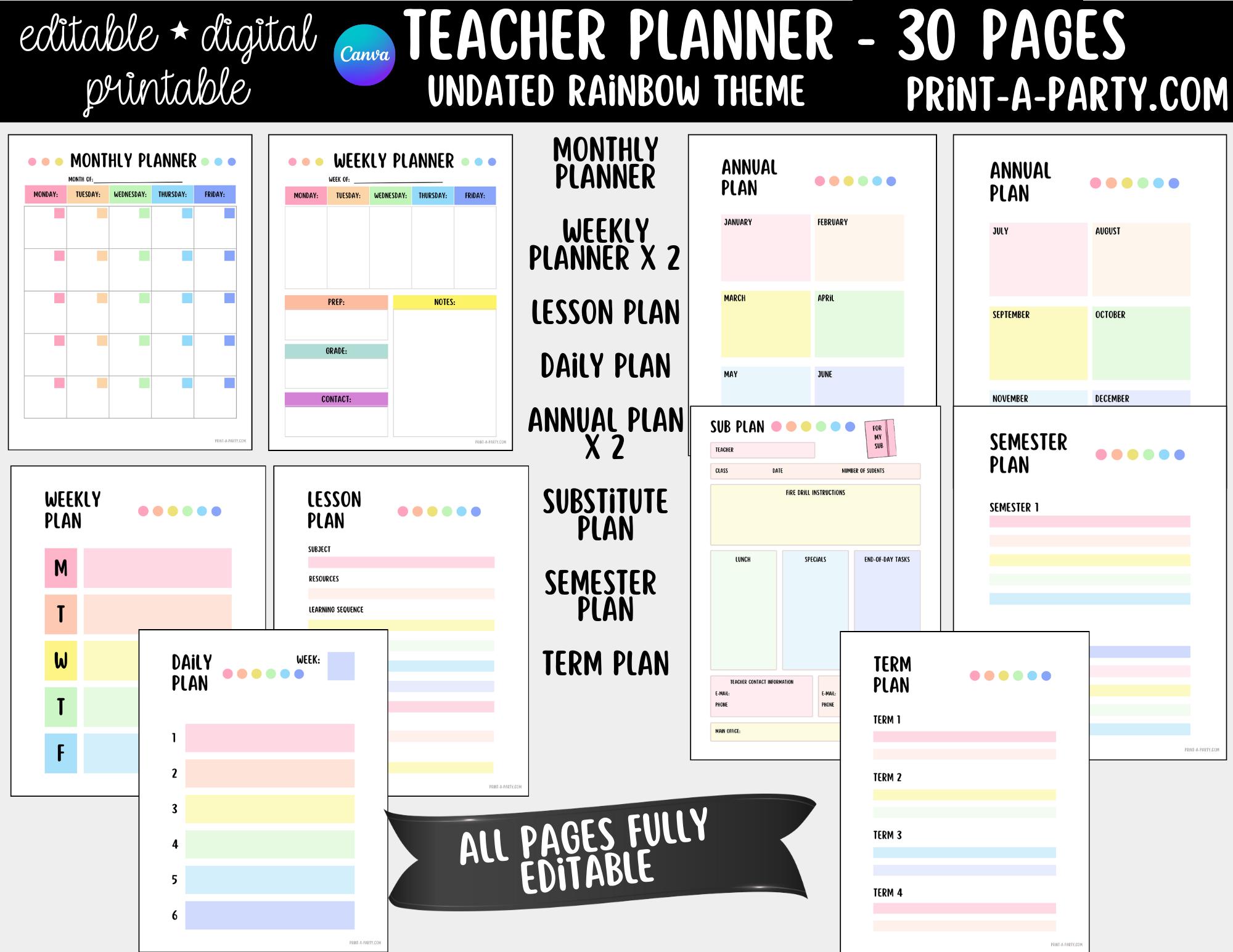Editable Digital Printable Rainbow Teacher Planner | 30-page Undated ...