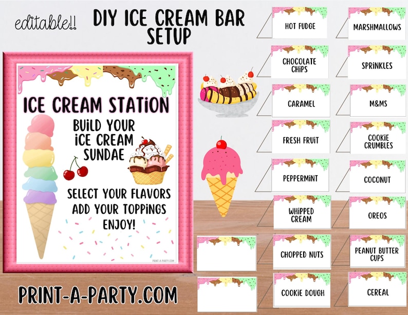 Editable Ice Cream Bar Sign and Toppings Labels: Sundae Station Party ...