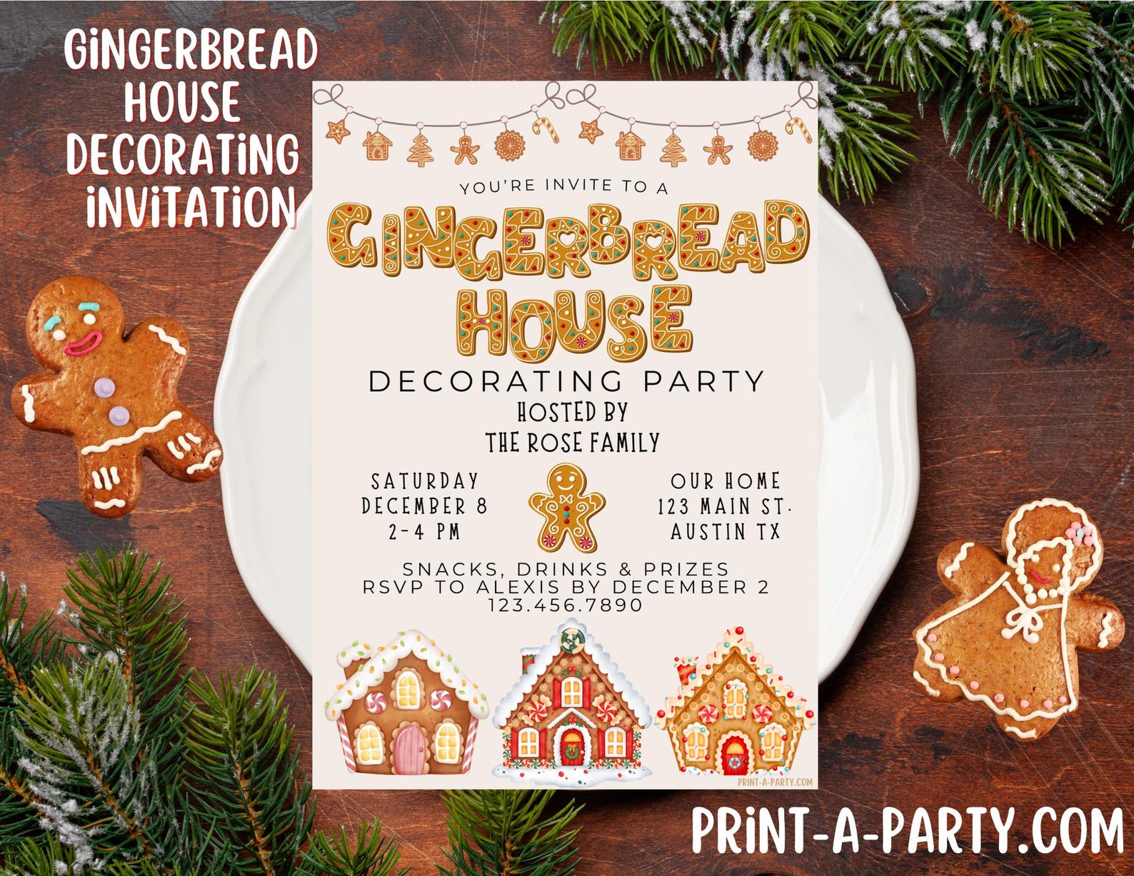 GINGERBREAD HOUSE DECORATING Party Invite - Editable Gingerbread-themed ...