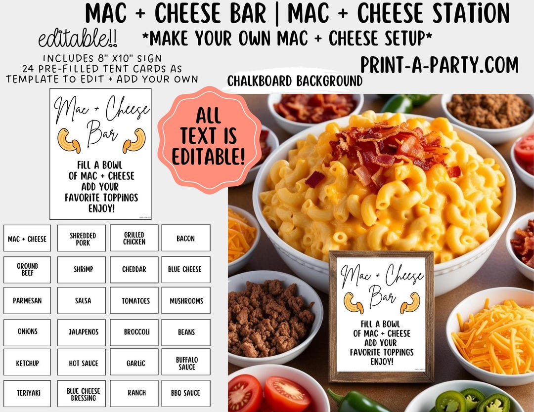 Editable Mac and Cheese Bar Sign and Toppings Labels: Party Food ...
