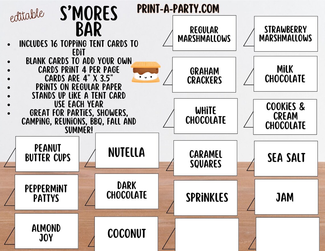 Editable S'mores Bar Sign & Toppings Labels: Printable Party Decor ...