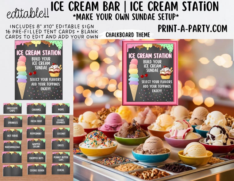 Editable Ice Cream Bar Sign and Toppings Labels: Sundae Station ...