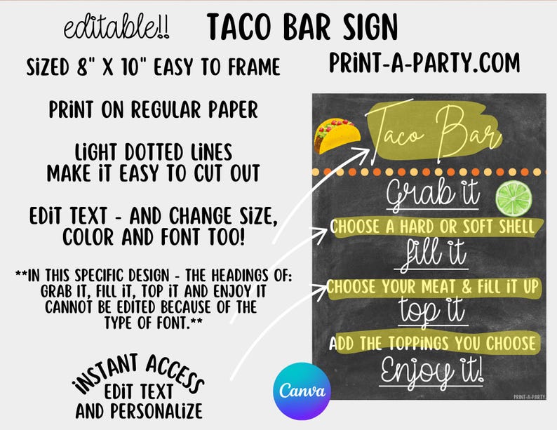 Editable TACO BAR - Chalkboard Sign and Toppings Label Templates for ...
