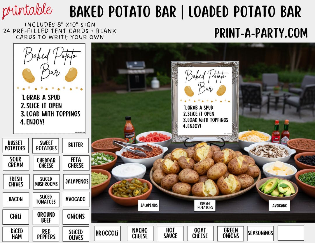 Baked Potato Bar Sign + Toppings Tent Cards Printable Party Decor ...