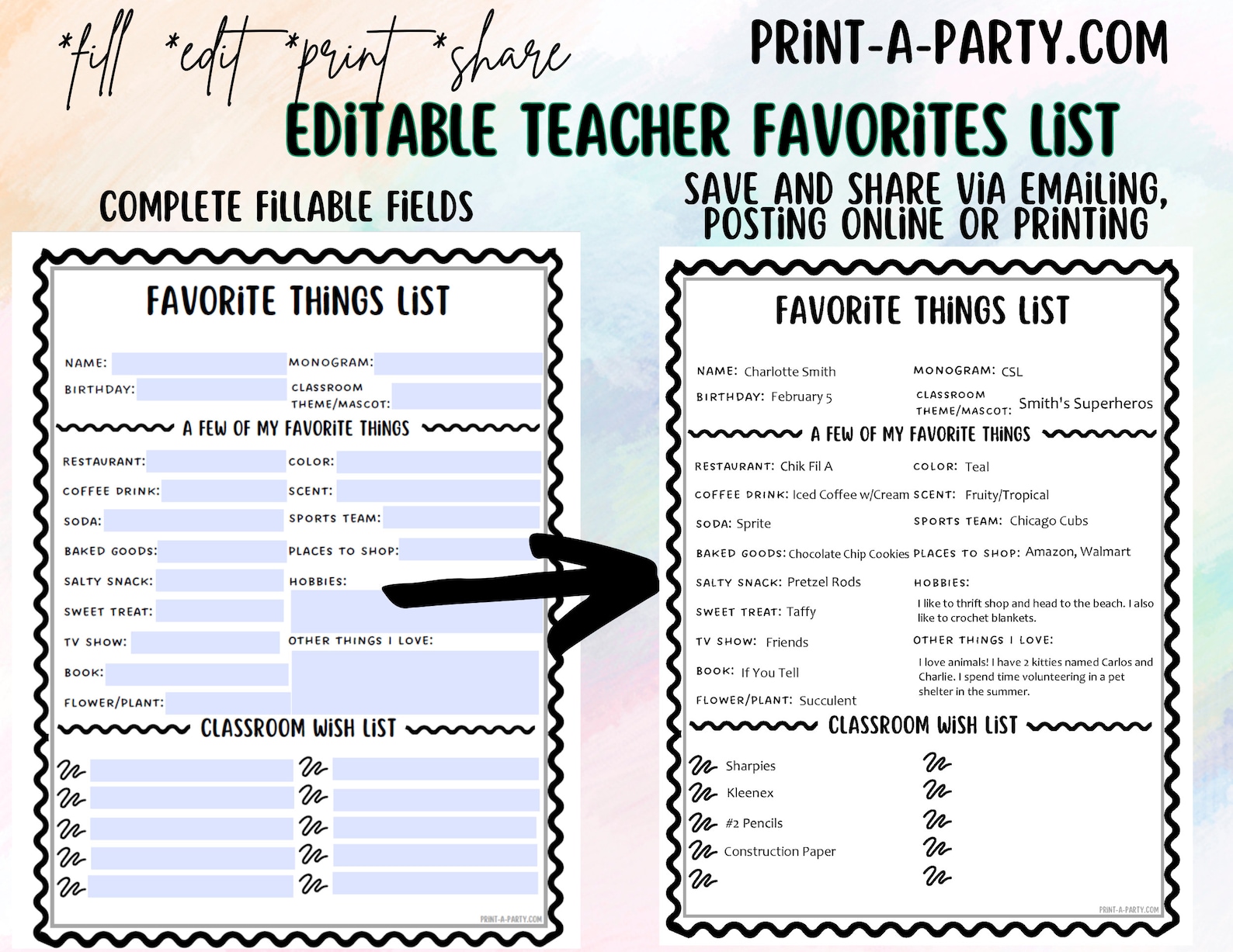 BACK to SCHOOL: Editable Teacher Favorites List Fillable PDF All About ...