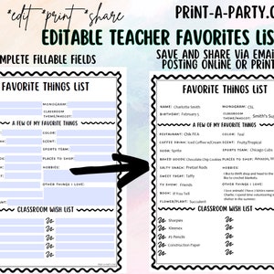 BACK to SCHOOL: Editable Teacher Favorites List Fillable PDF All About ...