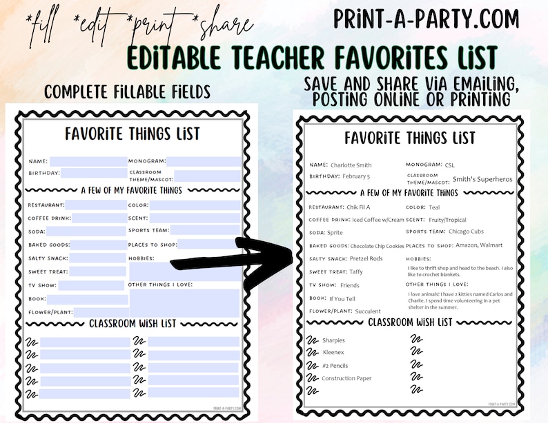 Teacher Favorite Things List – Fillable PDF Printable - Etsy