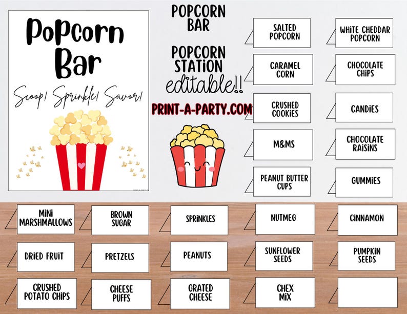 Editable Popcorn Bar Sign and Toppings Labels: Party Food Station ...