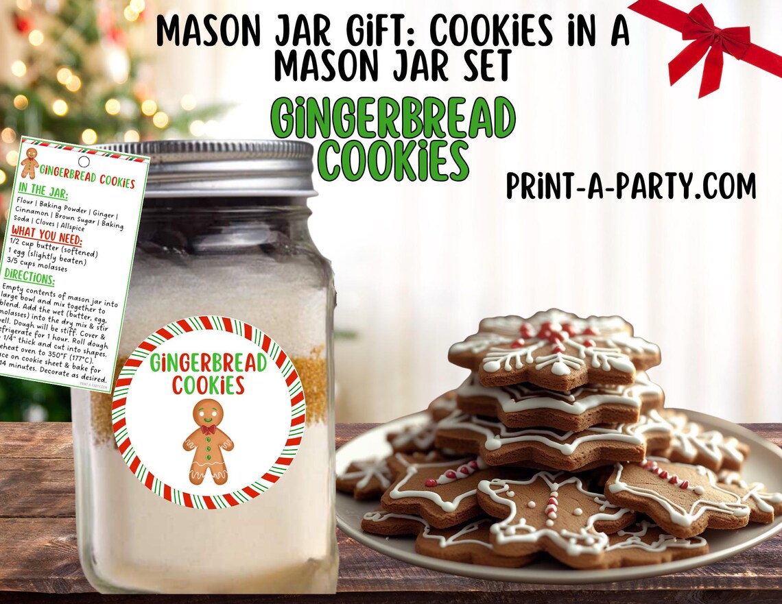 MASON JAR COOKIE Gift: Gingerbread Cookies in a Mason Jar Printable Kit ...