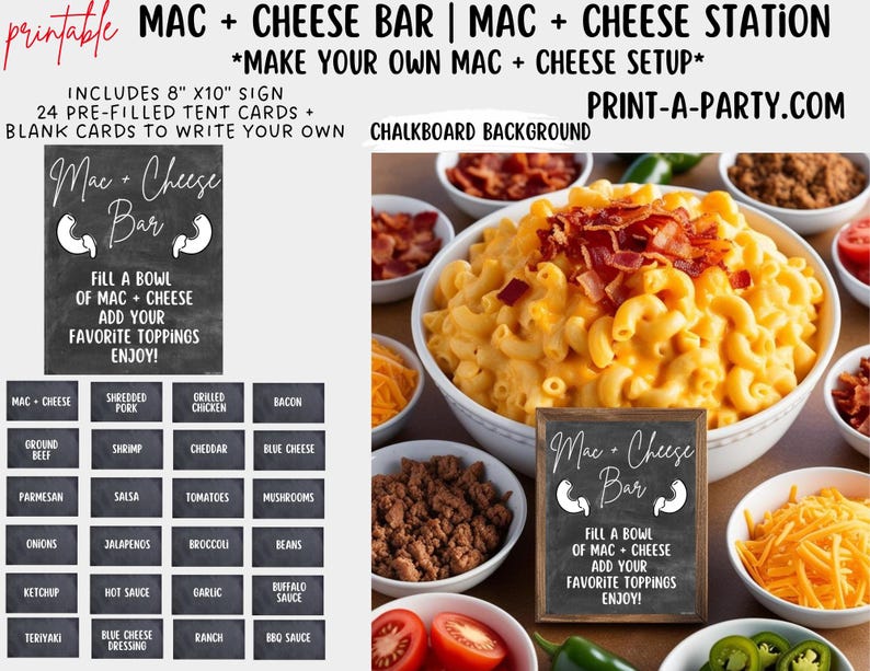 MAC and CHEESE BAR Printable Sign & Food Topping Tent Cards in ...