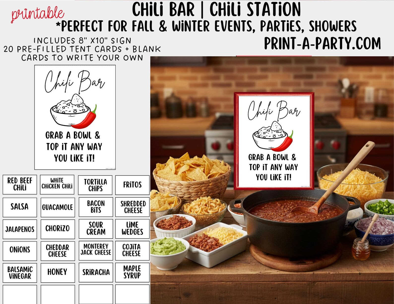 Chili Bar Sign (8x10) & Tent Card Toppings - Food Station, Party Decor ...