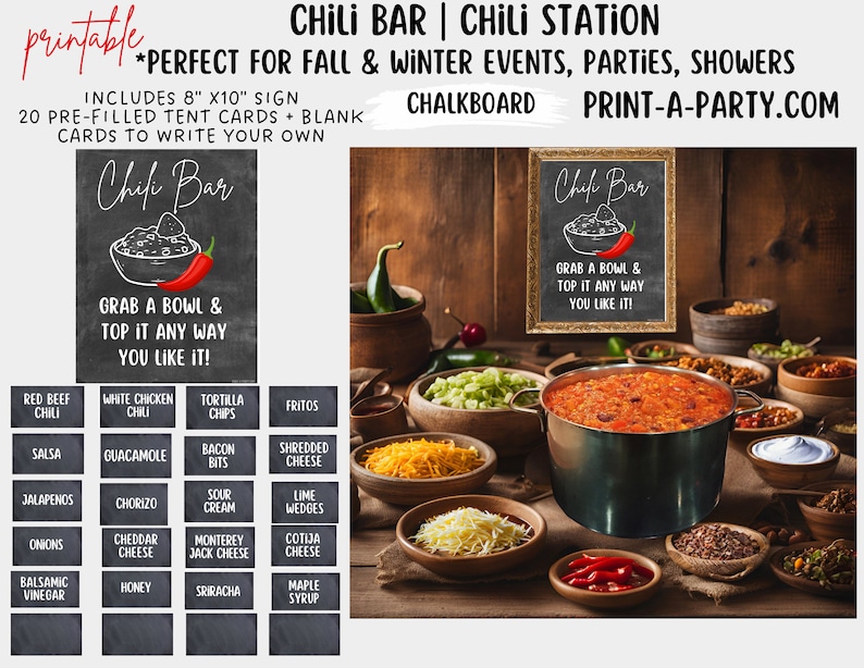 CHILI Bar Chili Station Chalkboard Fall Winter Party Idea Party Food ...