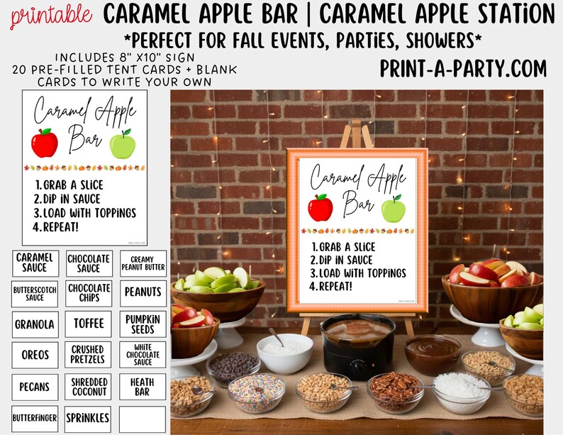 Caramel Apple Bar Sign (8x10) & Toppings Tent Cards, Fall Party Buffet ...
