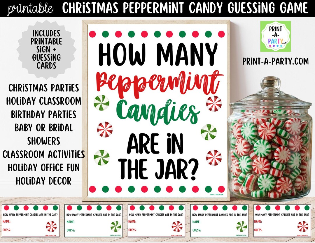 Christmas Peppermint Candy Jar Game Printable Sign (8x10) and Guessing ...
