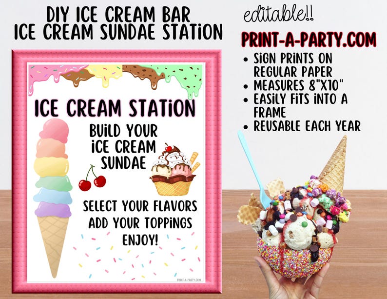 EDITABLE ICE CREAM Bar - Ice Cream Sundae Station - Sign and Toppings ...