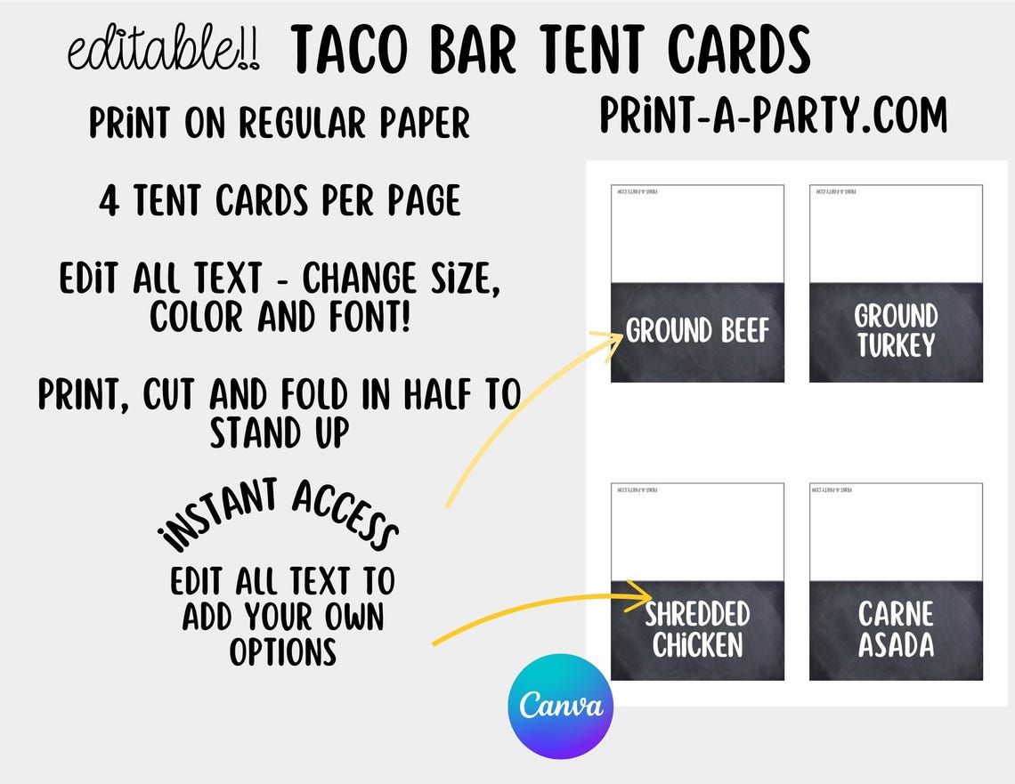 Editable TACO BAR - Chalkboard Sign and Toppings Label Templates for ...