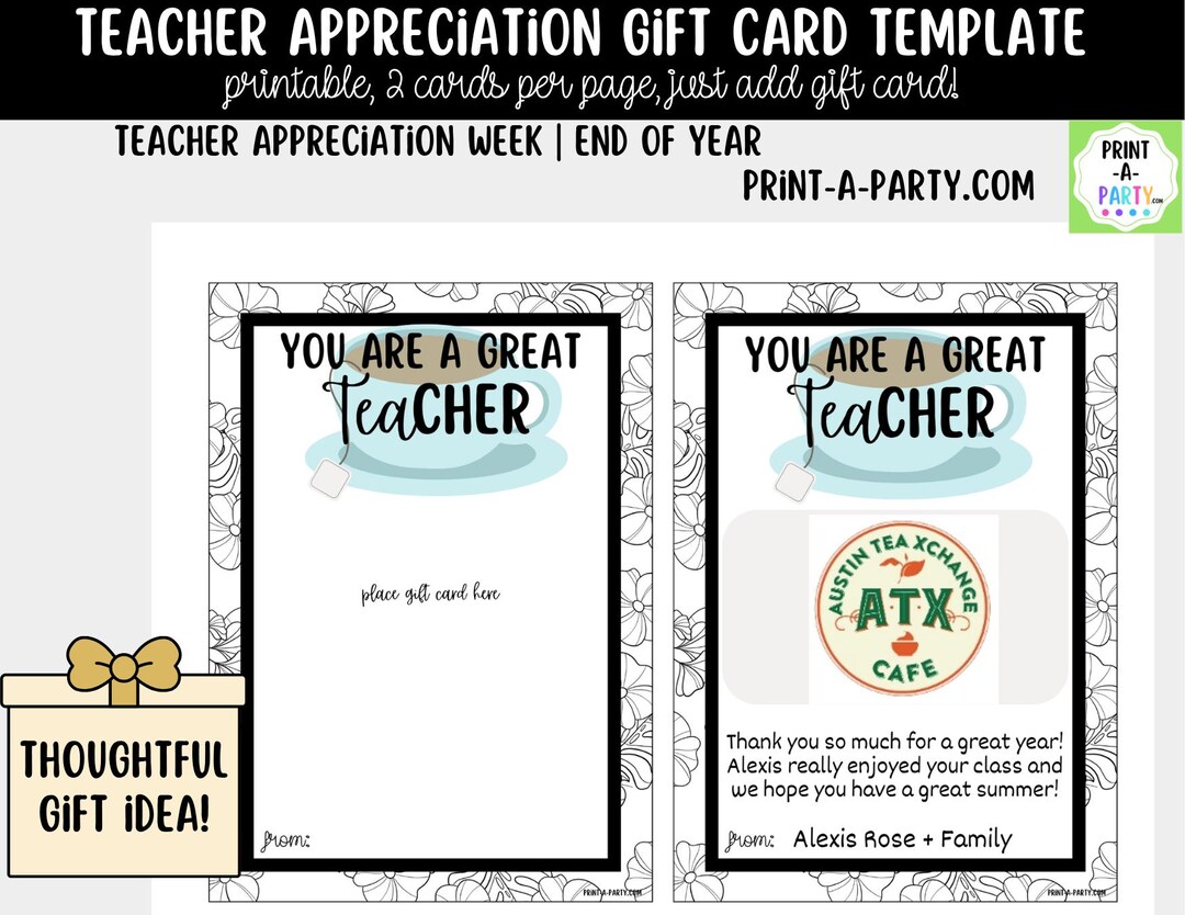 Tea/coffee Gift Card Template: Teacher Appreciation - (printable PDF ...