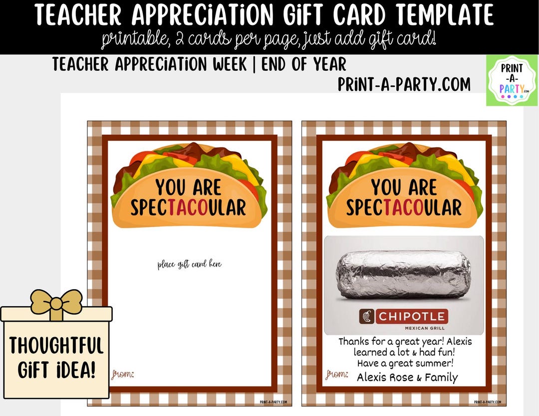 Taco Gift Card Template: Teacher Appreciation Gift (printable PDF With ...