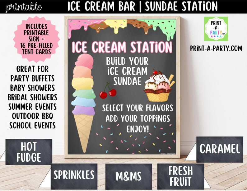 Ice Cream Sundae Bar Sign (8x10) + Toppings Tent Cards Printable Party ...