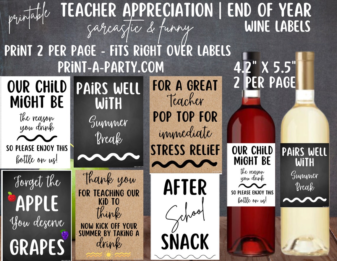 Funny & Sarcastic Teacher Wine Labels | End of Year Teacher Gift Idea ...