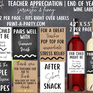 Funny & Sarcastic Teacher Wine Labels | End of Year Teacher Gift Idea ...