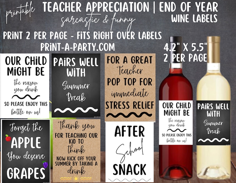 Funny & Sarcastic Teacher Wine Labels | End of Year Teacher Gift Idea ...