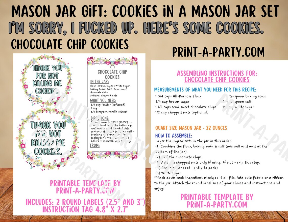 MASON JAR COOKIE Gift | Apology (dark Humor) Chocolate Chip Cookies in ...