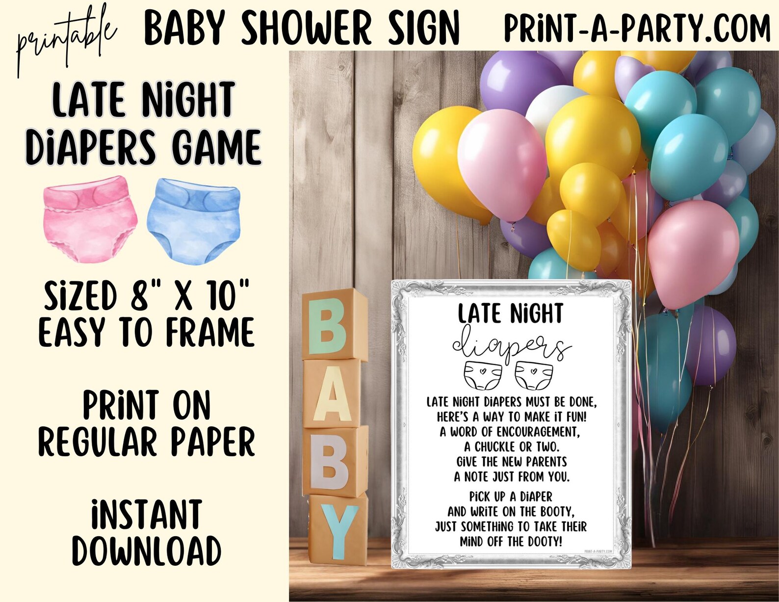 LATE NIGHT DIAPERS Game Sign Printable - Fun Baby Shower Game for ...