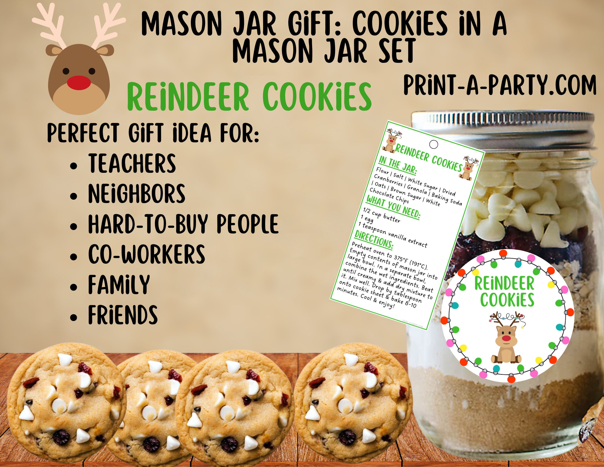 MASON JAR COOKIE Gift: Reindeer Cookies in a Mason Jar Printable Kit ...