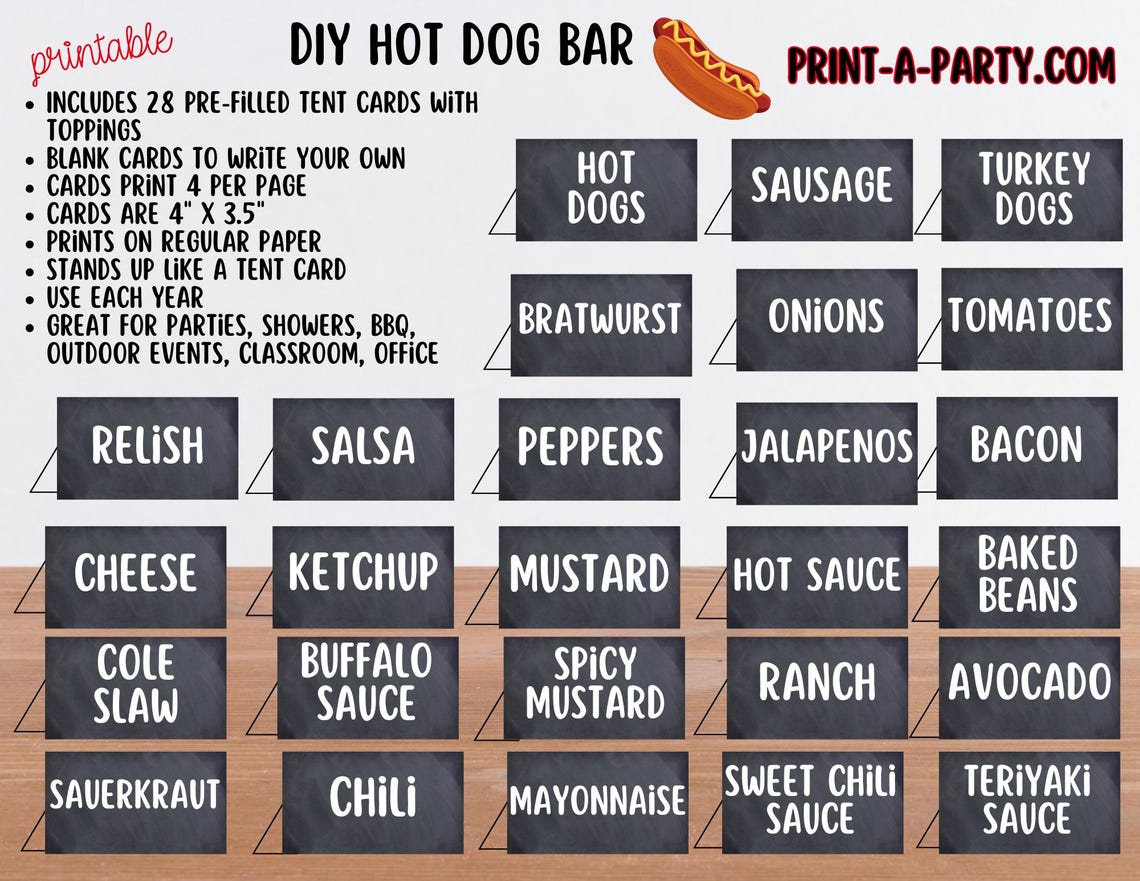 Hot Dog Bar Sign + Toppings Tent Cards Printable Party Decor Buffet ...