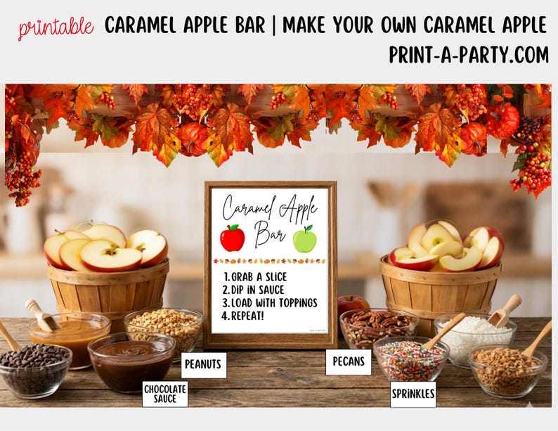 Caramel Apple Bar Sign (8x10) & Toppings Tent Cards, Fall Party Buffet ...