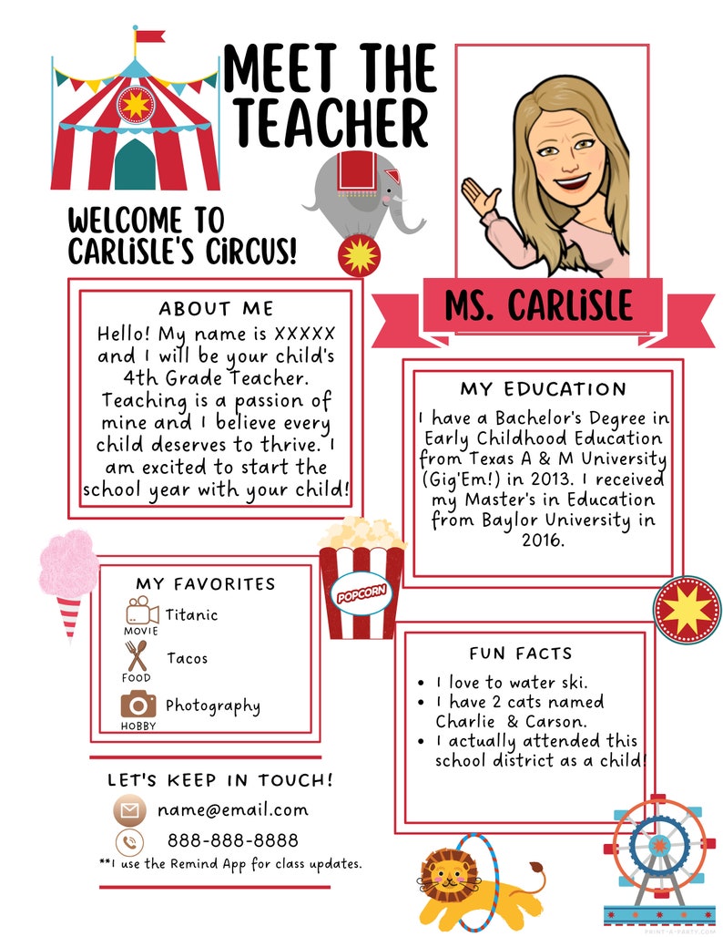 Editable Meet the Teacher Template, Circus or Carnival Theme, Back to ...