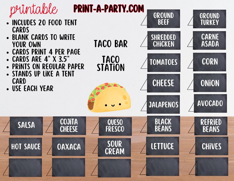 Printable Taco Bar Sign (8x10) & Tent Cards | Fiesta Party Decor ...