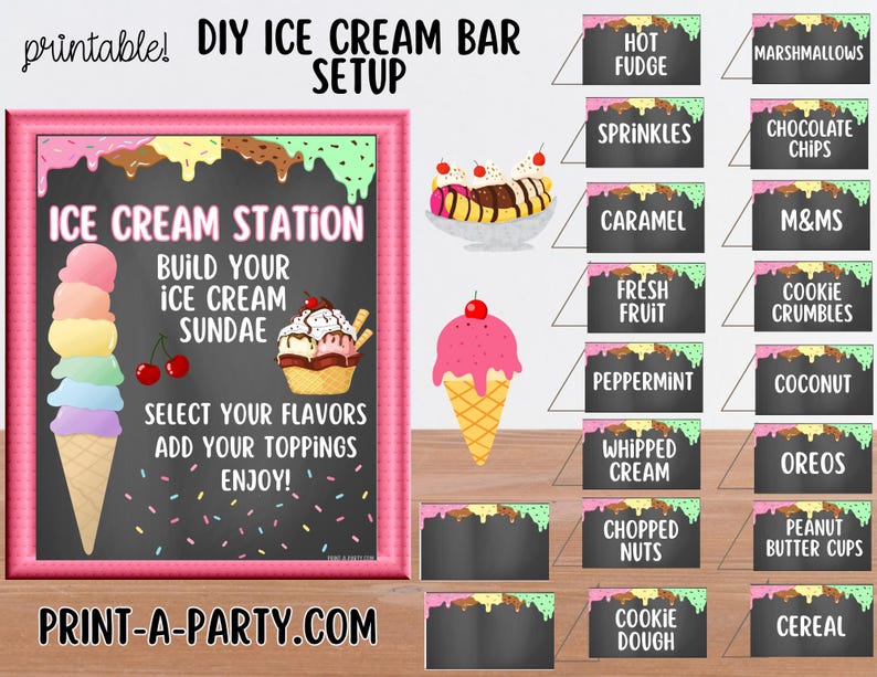 Ice Cream Sundae Bar Sign (8x10) + Toppings Tent Cards Printable Party ...