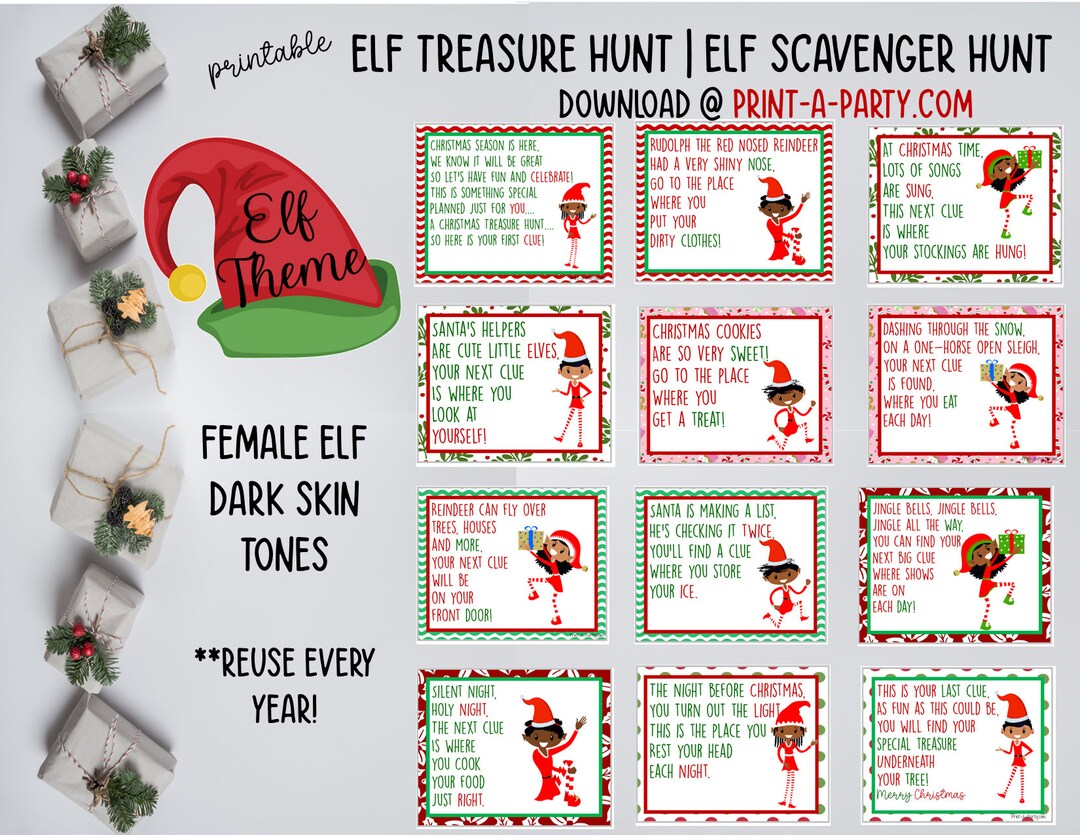 Printable Elf Scavenger Hunt Game – Treasure Hunt Clues (female Elf ...