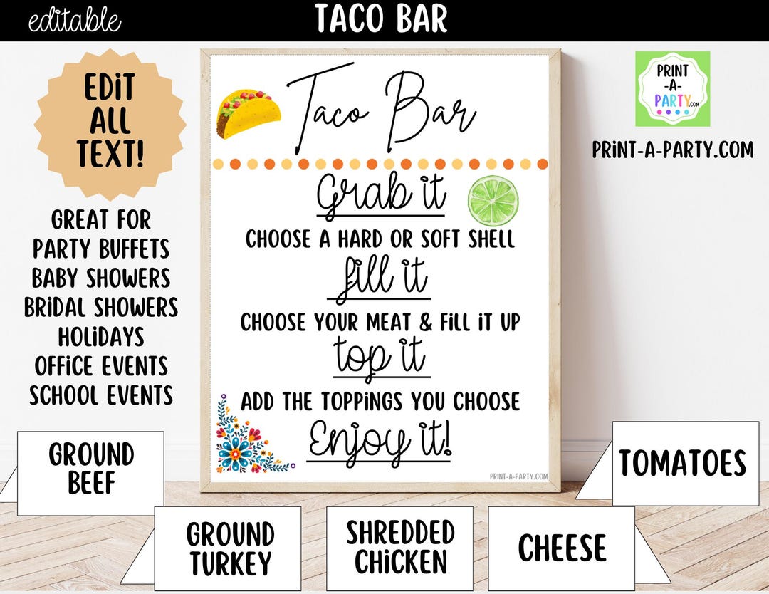 Editable Taco Bar Sign (8x10) and Toppings Tent Cards - Canva Template ...