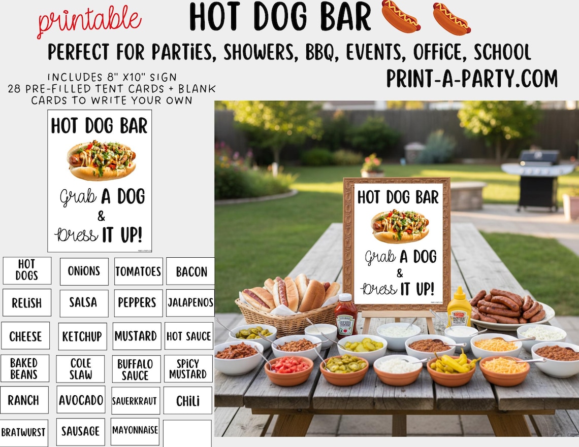 Hot Dog Bar Sign + Toppings Tent Cards Printable Party Decor Buffet ...