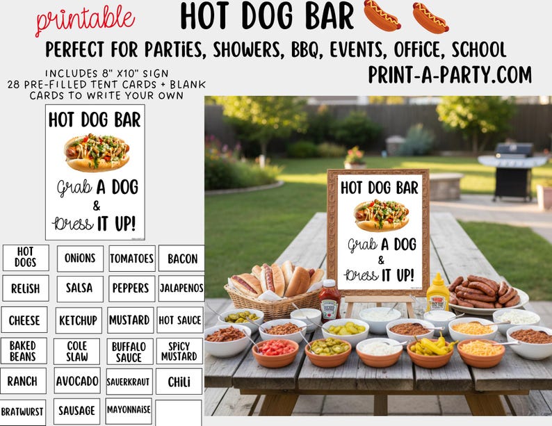 Hot Dog Bar Sign + Toppings Tent Cards Printable Party Decor Buffet ...