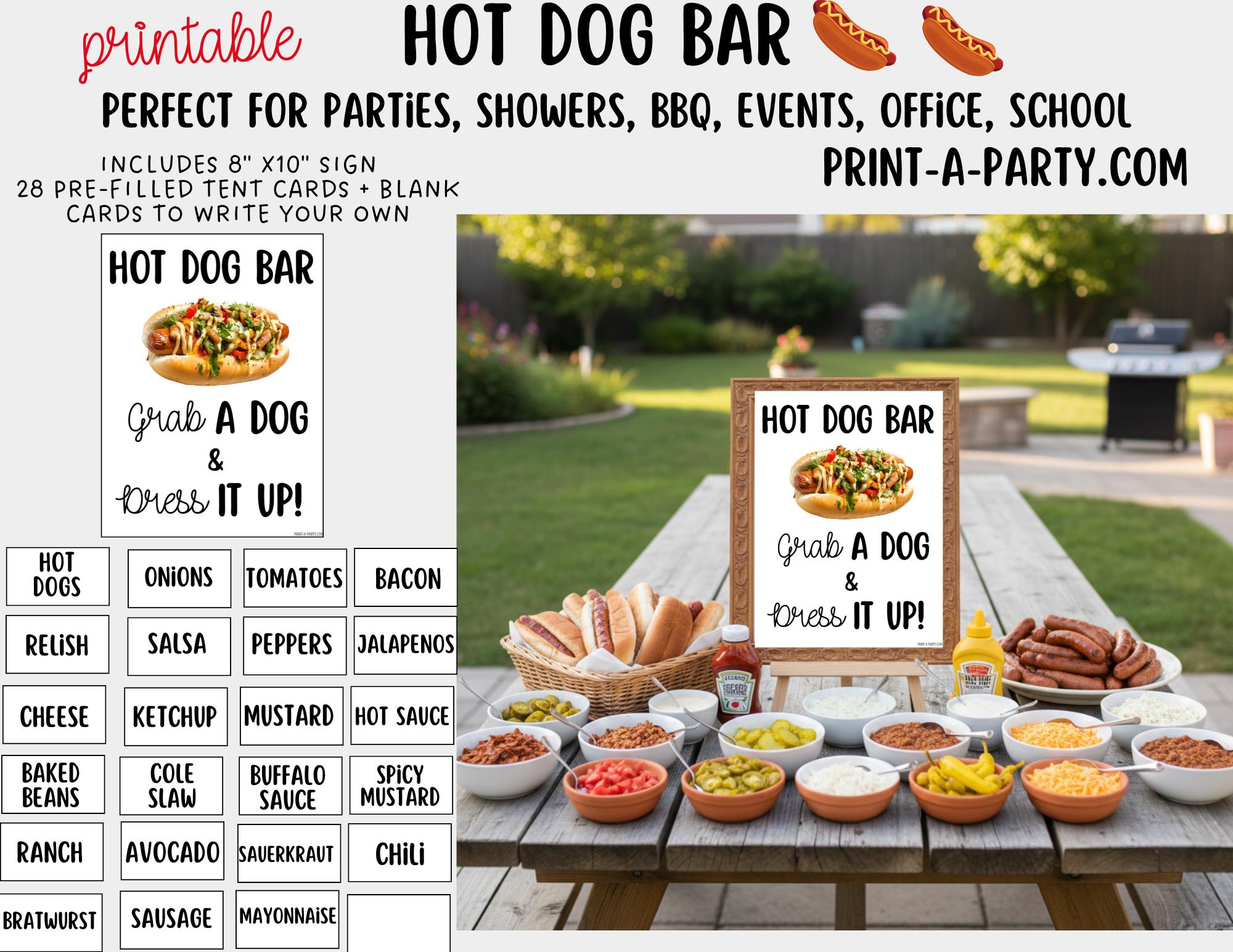 Hot Dog Bar Sign + Toppings Tent Cards Printable Party Decor Buffet ...