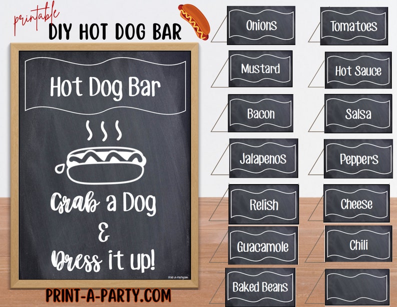Hot Dog Bar Sign + Toppings Tent Cards Printable Party Decor Buffet ...