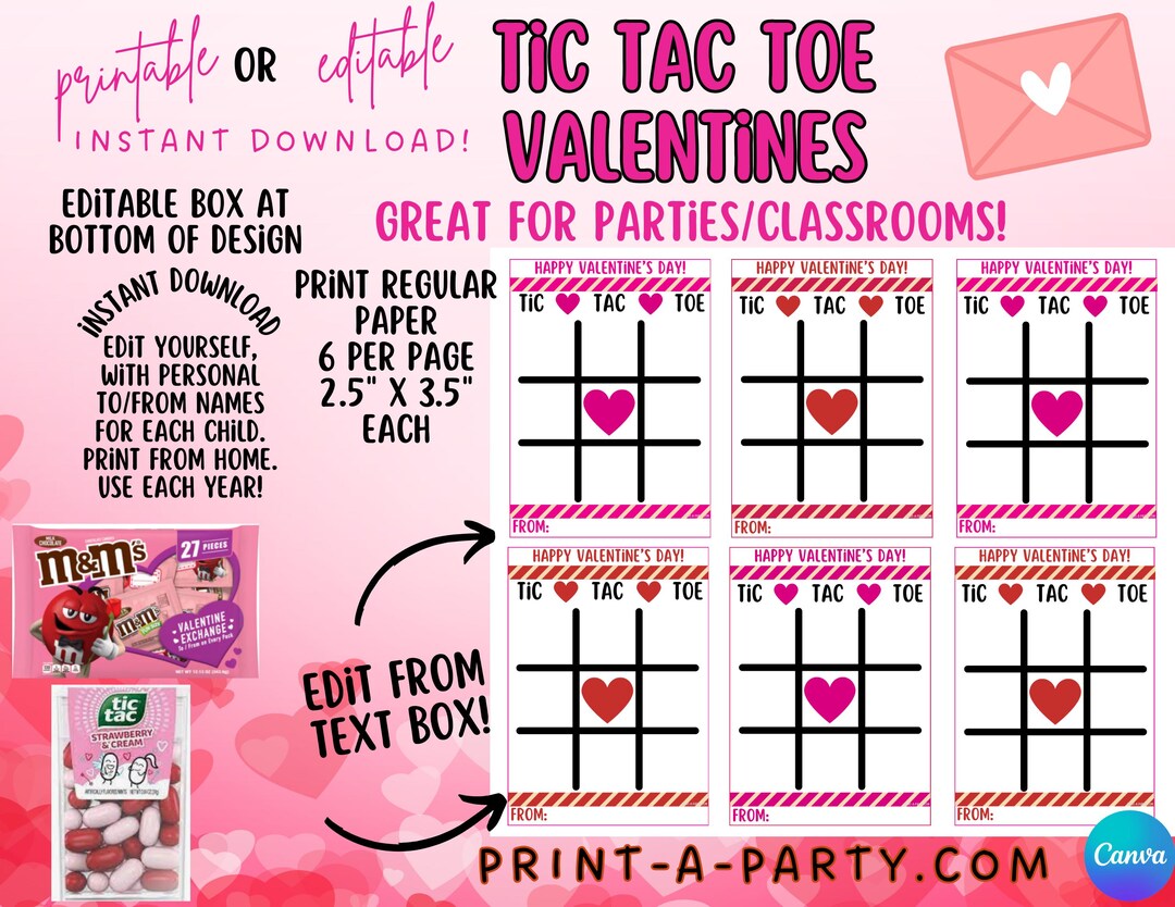 Editable Tic Tac Toe Game VALENTINE CARD - DIY Valentine's Day Card ...