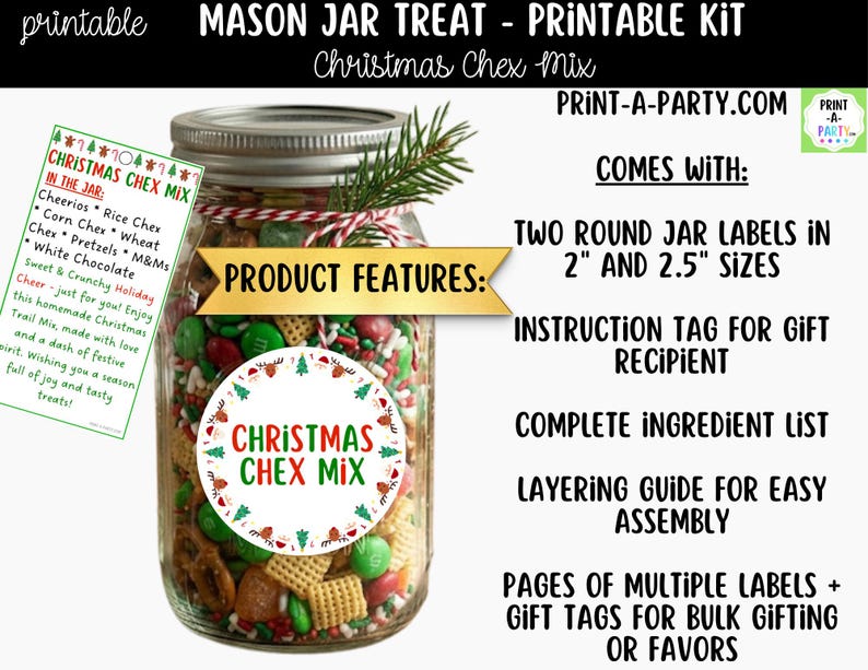 Christmas Chex Mix in a Mason Jar Gift Printable Kit - Labels, Tag ...